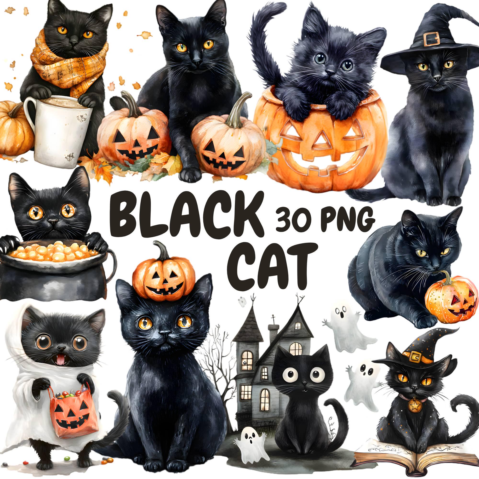 Watercolor Black Cat Clipart Bundle, Halloween Cat Clipart, Autumn Cat ...
