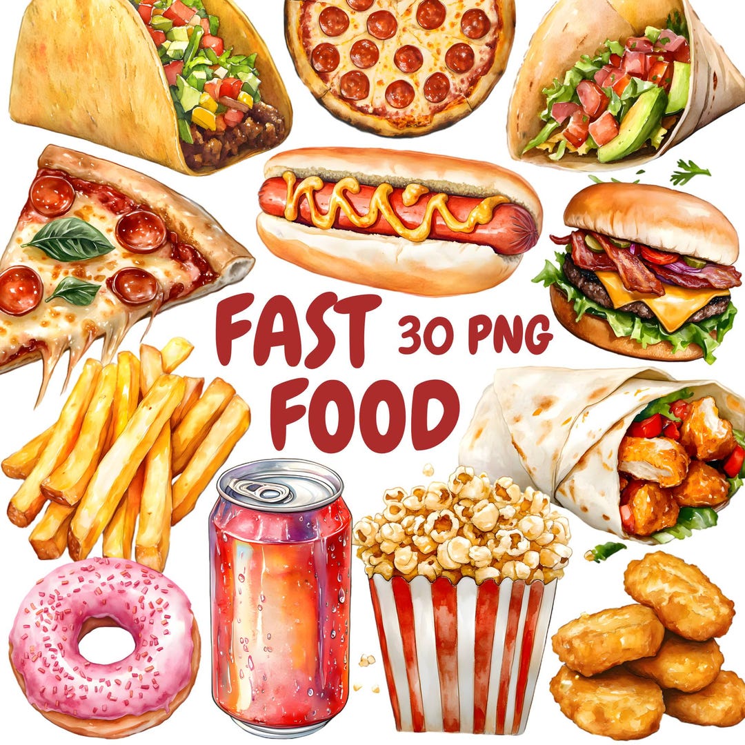 Watercolor Fast Food Clipart Bundle, Junk Food Clipart, Pizza ...
