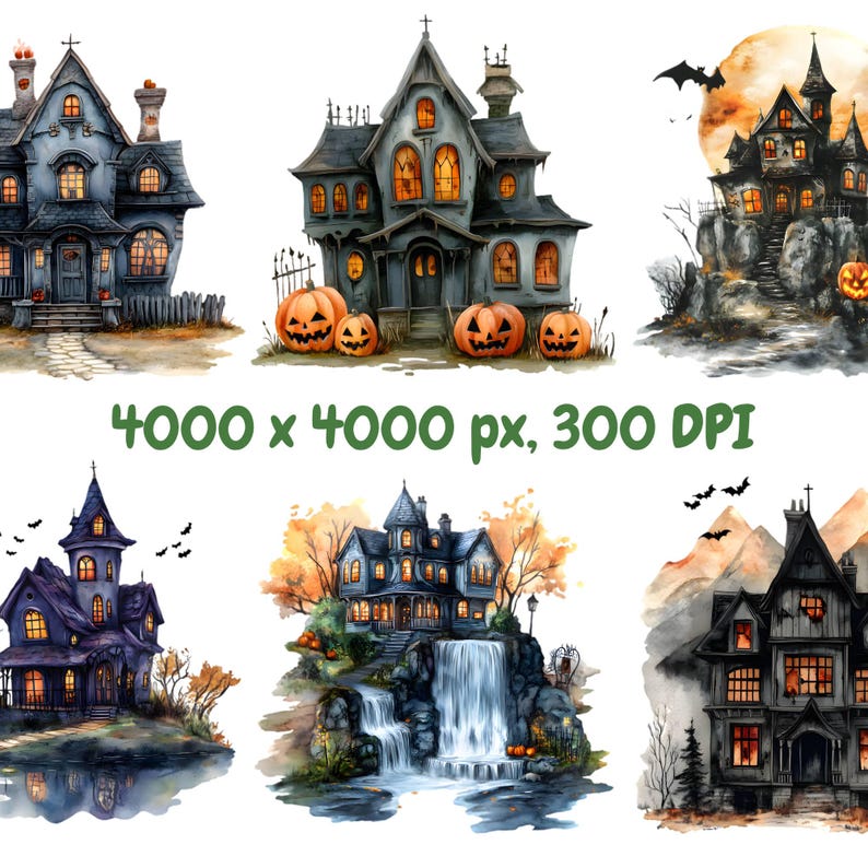 Watercolor Haunted House Clipart Bundle, Halloween House Clipart ...