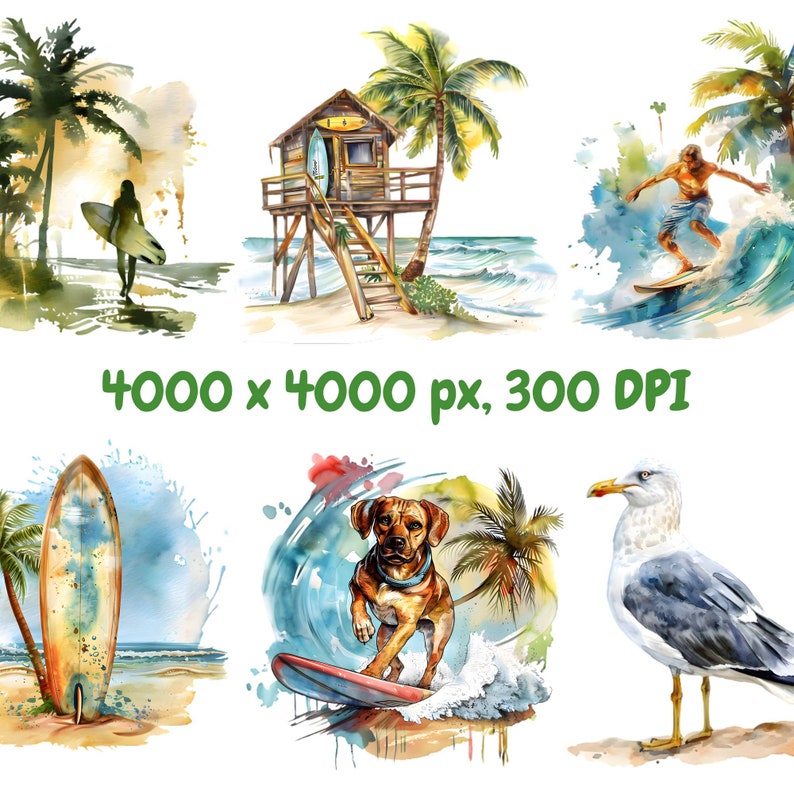 Watercolor Surfing Clipart Bundle, Summer Vacation Clipart, Surfboard ...