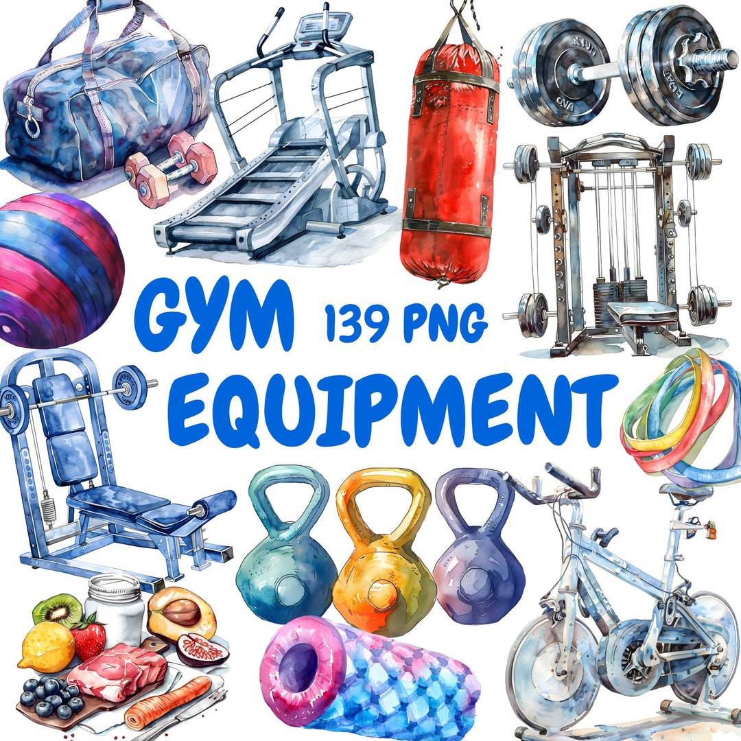 Watercolor Gym Equipment Clipart Bundle, Fitness Equipment Clipart ...