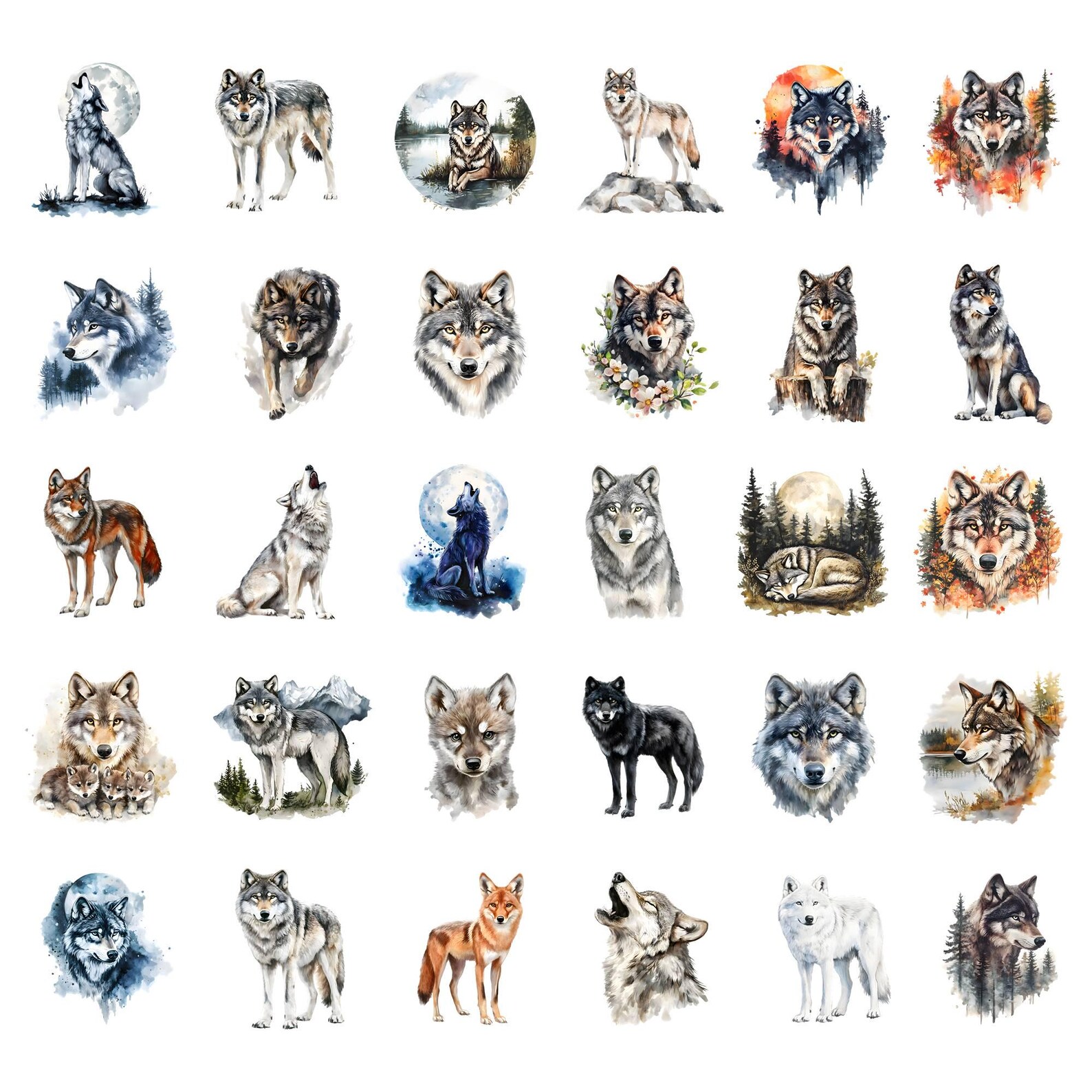 Watercolor Wolves Clipart Bundle, Woodland Animal Clipart, Wolf ...