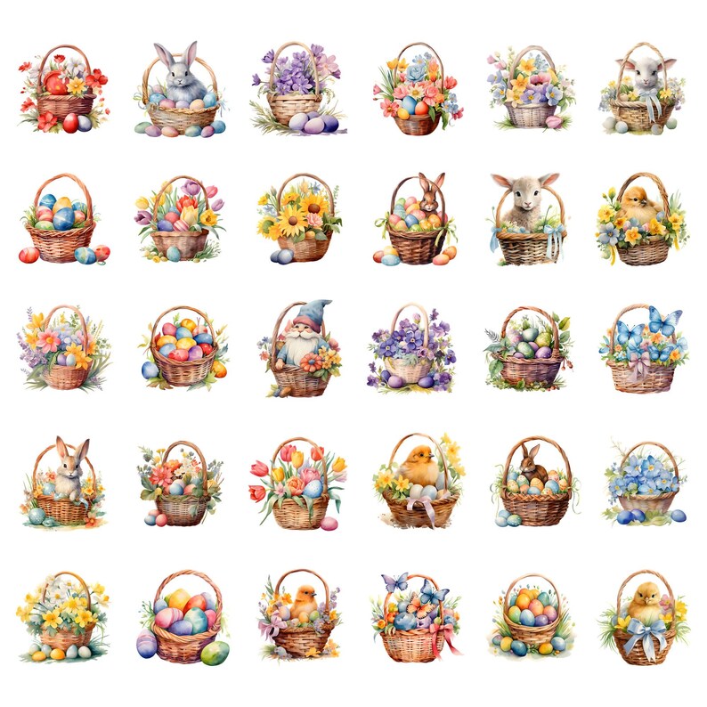 Watercolor Easter Basket Clipart Bundle, Easter Eggs Basket PNG, Happy ...