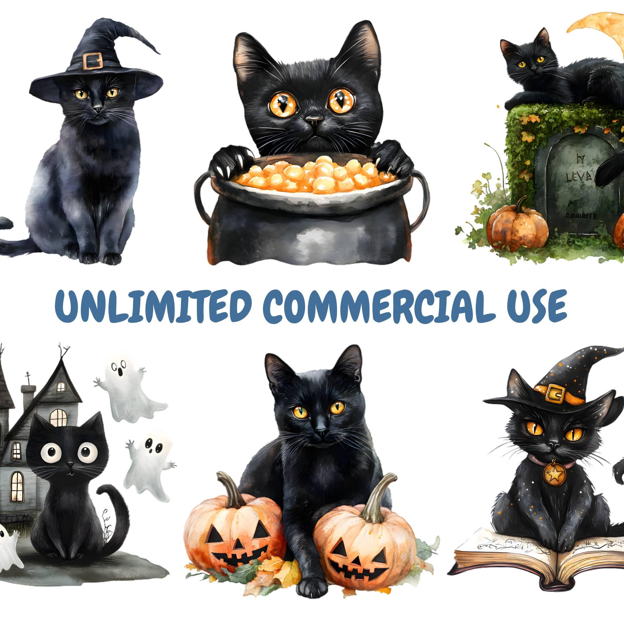 Watercolor Black Cat Clipart Bundle, Halloween Cat Clipart, Autumn Cat ...