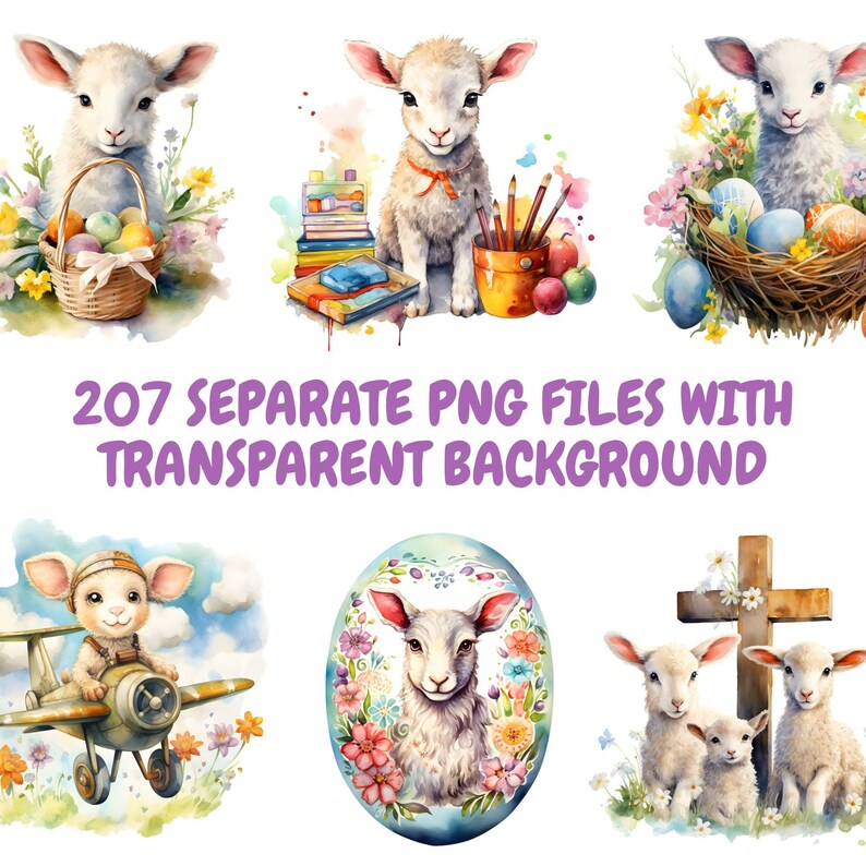Watercolor Easter Lambs Clipart Bundle, Cute Baby Lamb PNG, Happy ...