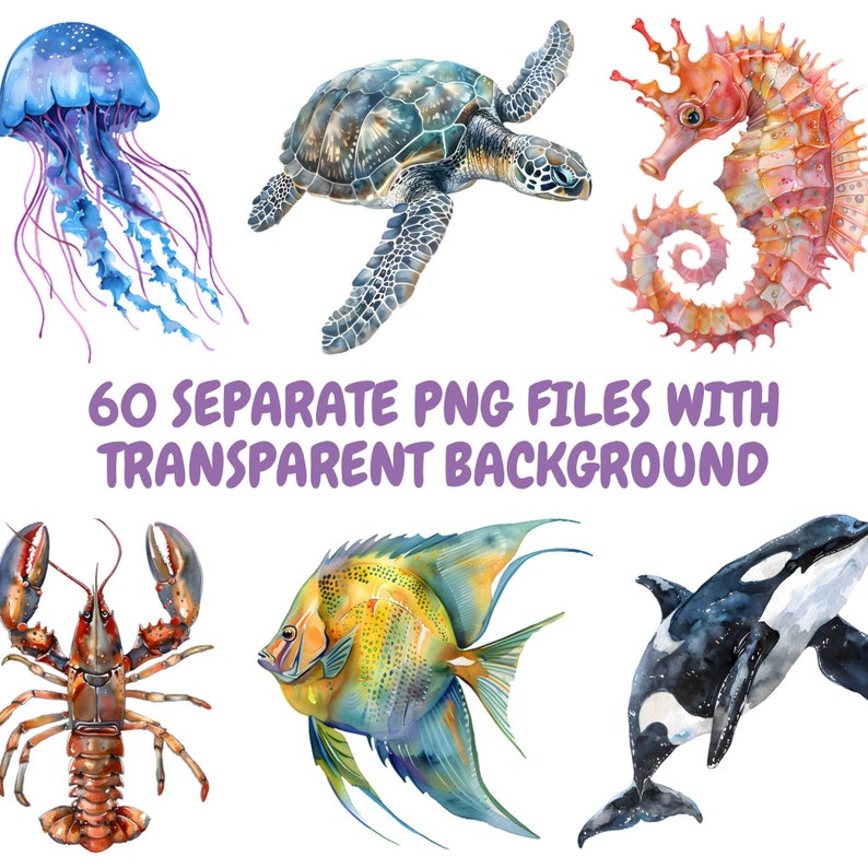 Watercolor Sea Creatures Clipart Bundle, Sea Animals Clipart, Octopus ...