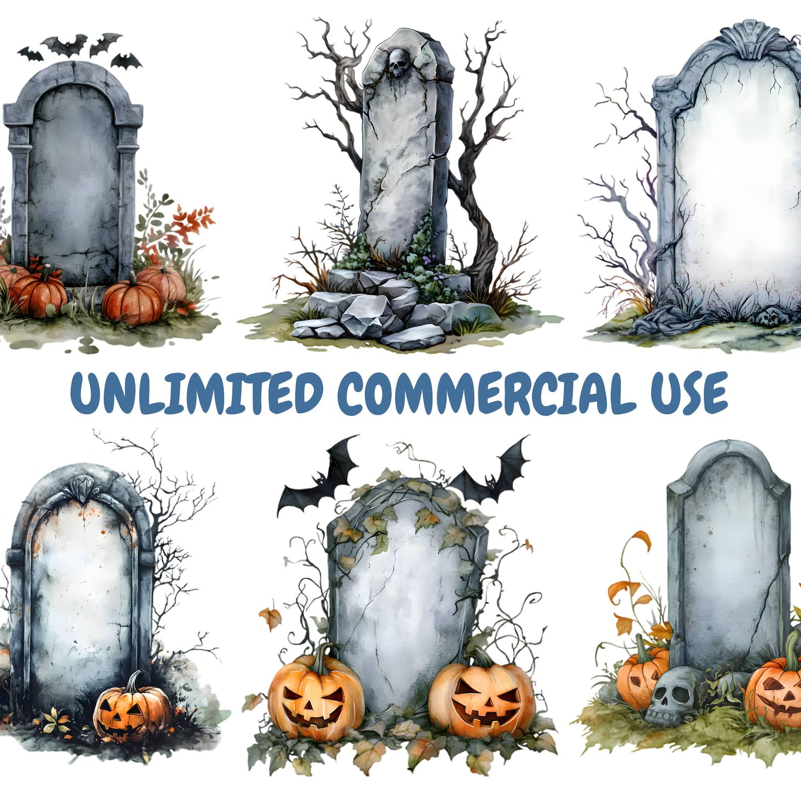 Watercolor Tombstone Clipart Bundle, Spooky Gravestones Clipart ...