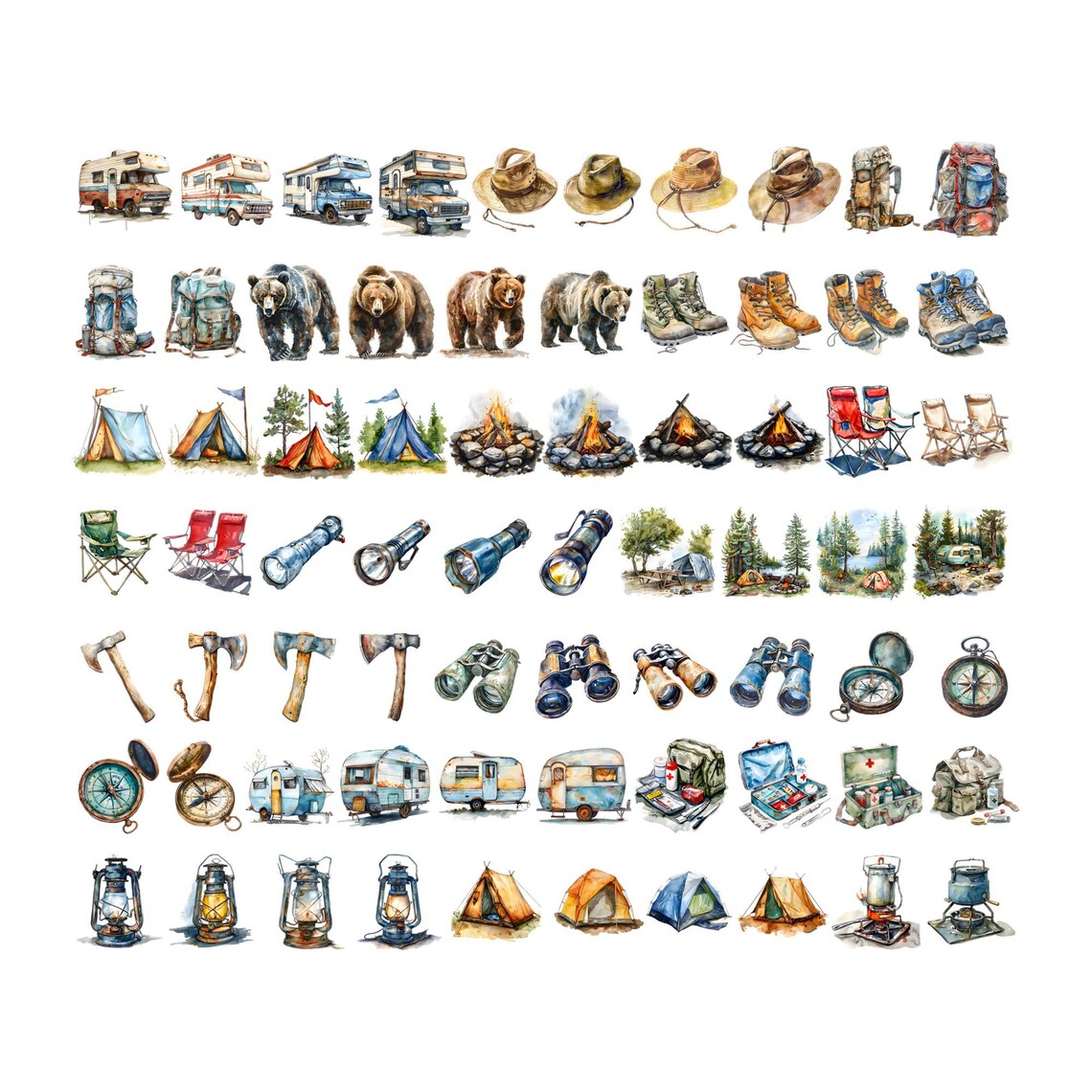 Watercolor Camping Clipart Bundle, Forest Adventure Clipart, Campsite ...