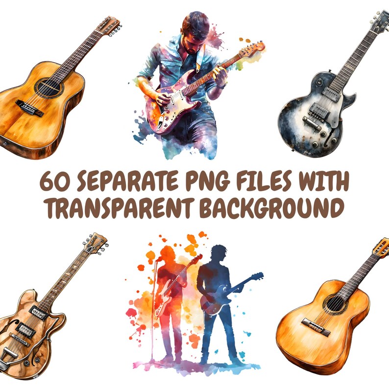 Watercolor Guitars Clipart Bundle, Electric Guitar Clipart, Guitar ...
