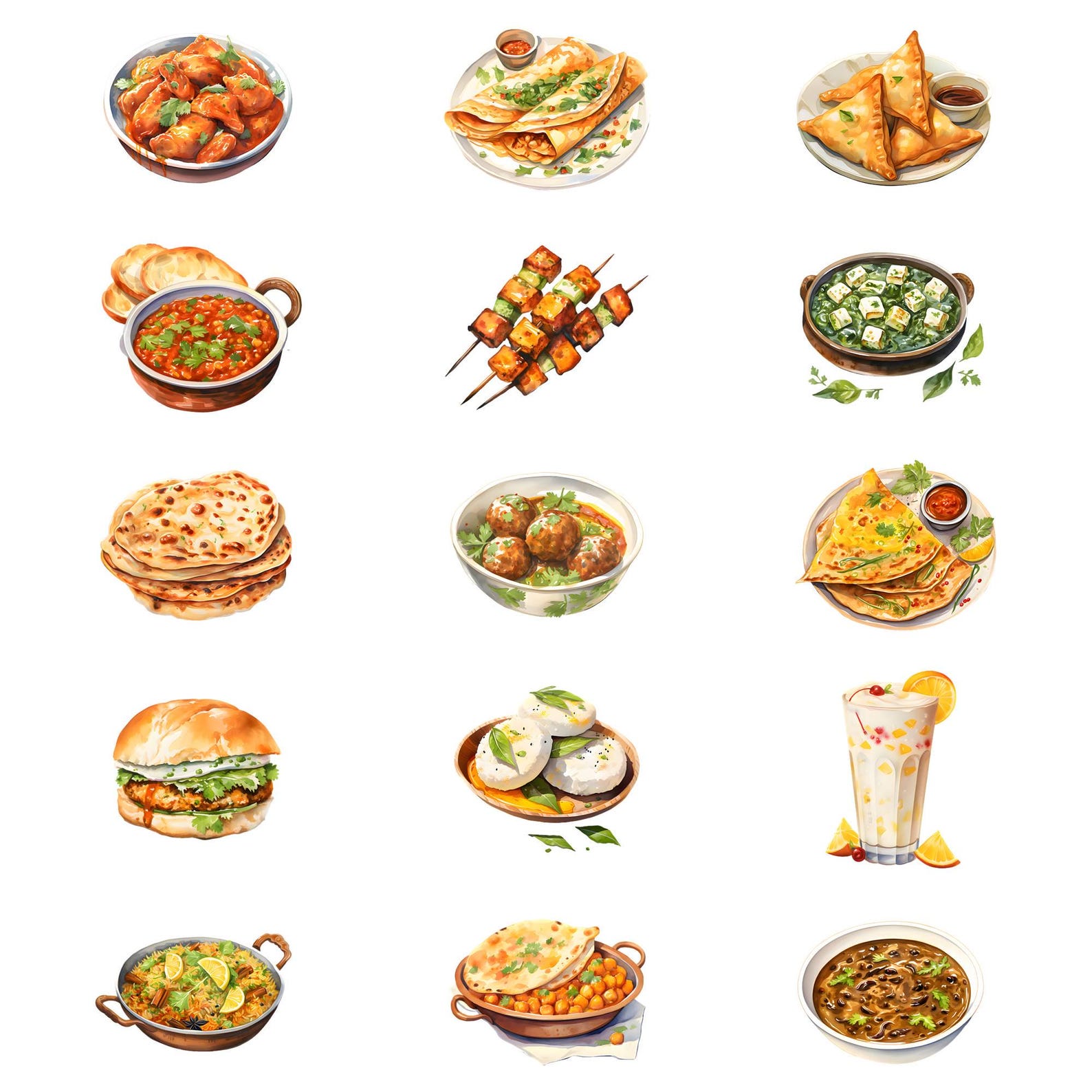 Watercolor Indian Food Clipart Bundle, Indian Cuisine Clipart, Dinner ...