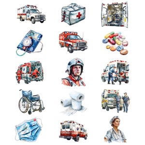 Watercolor Ambulance Clipart Bundle, Emergency Vehicle Clipart, Medical ...