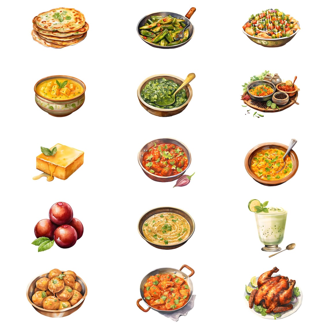 Watercolor Indian Food Clipart Bundle, Indian Cuisine Clipart, Dinner ...