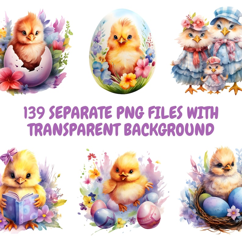 Watercolor Easter Chicks Clipart Bundle, Cute Baby Chick PNG, Happy ...