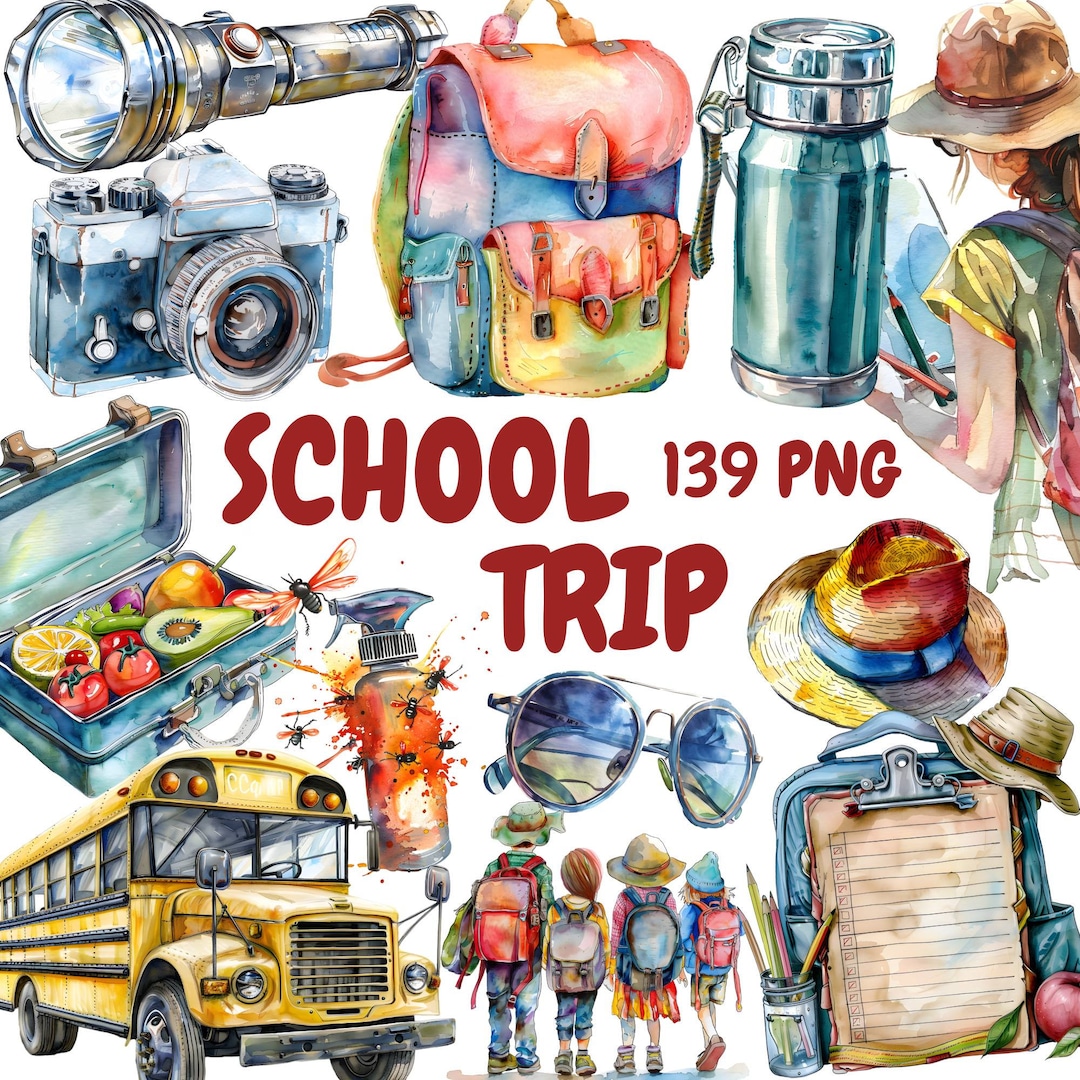 Watercolor School Trip Clipart Bundle, School Bus Clipart, Teacher ...