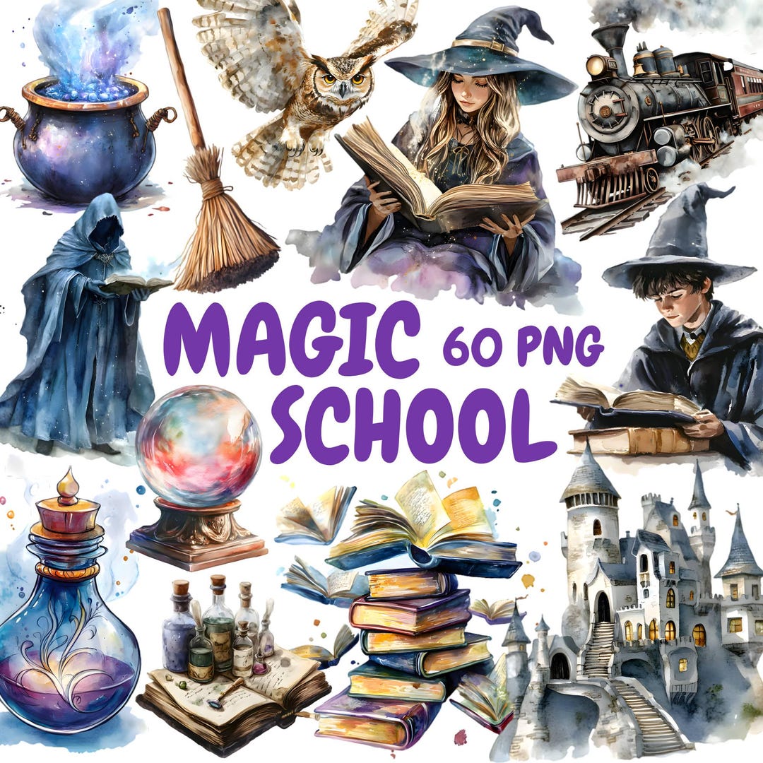 Watercolor Magic School Clipart Bundle, Wizard School Clipart, Cauldron ...