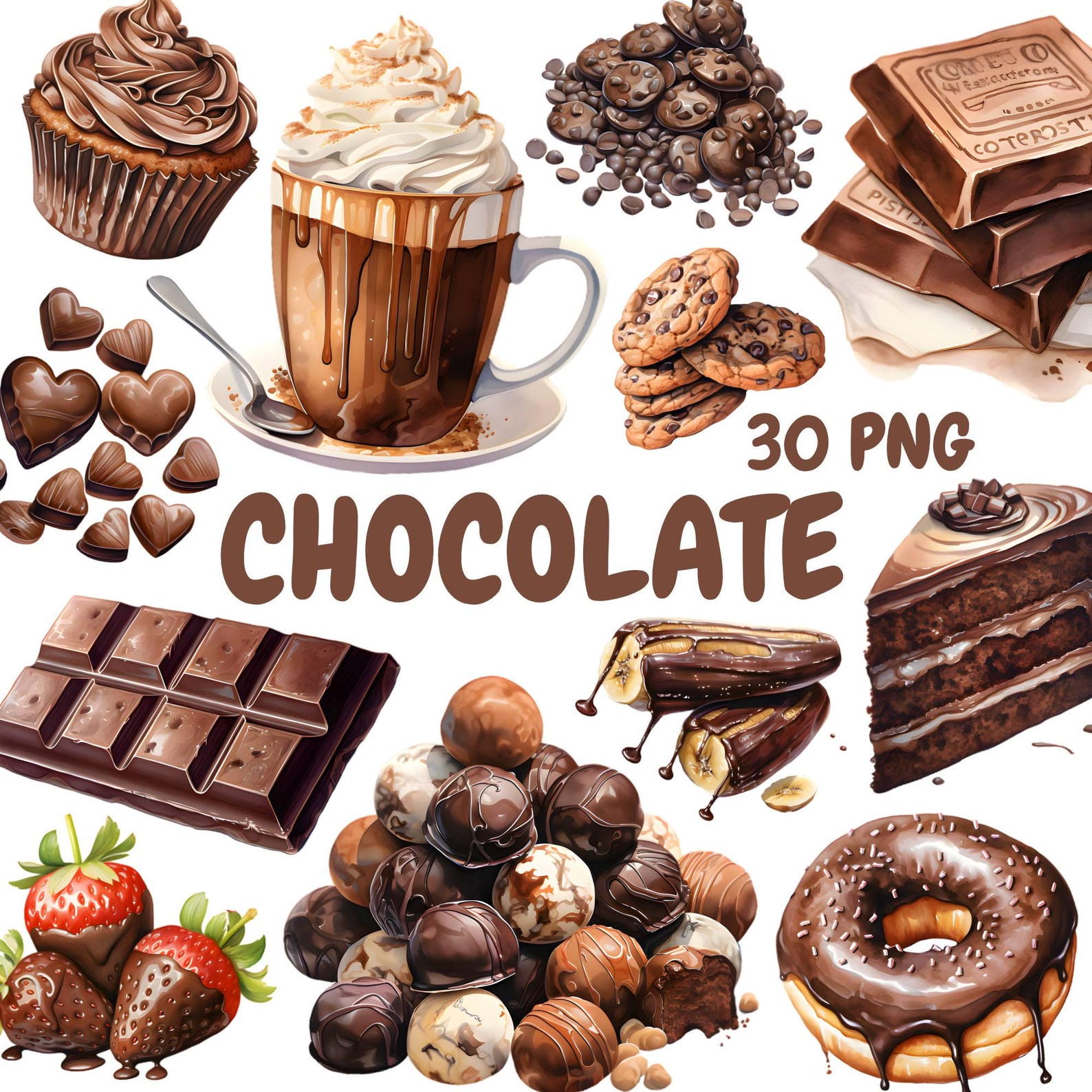 Watercolor Chocolate Clipart Bundle, Chocolate Dessert Clipart ...