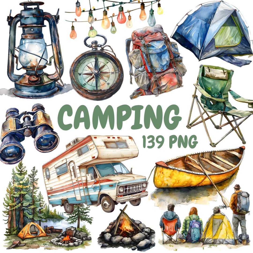 Watercolor Camping Clipart Bundle, Forest Adventure Clipart, Campsite ...