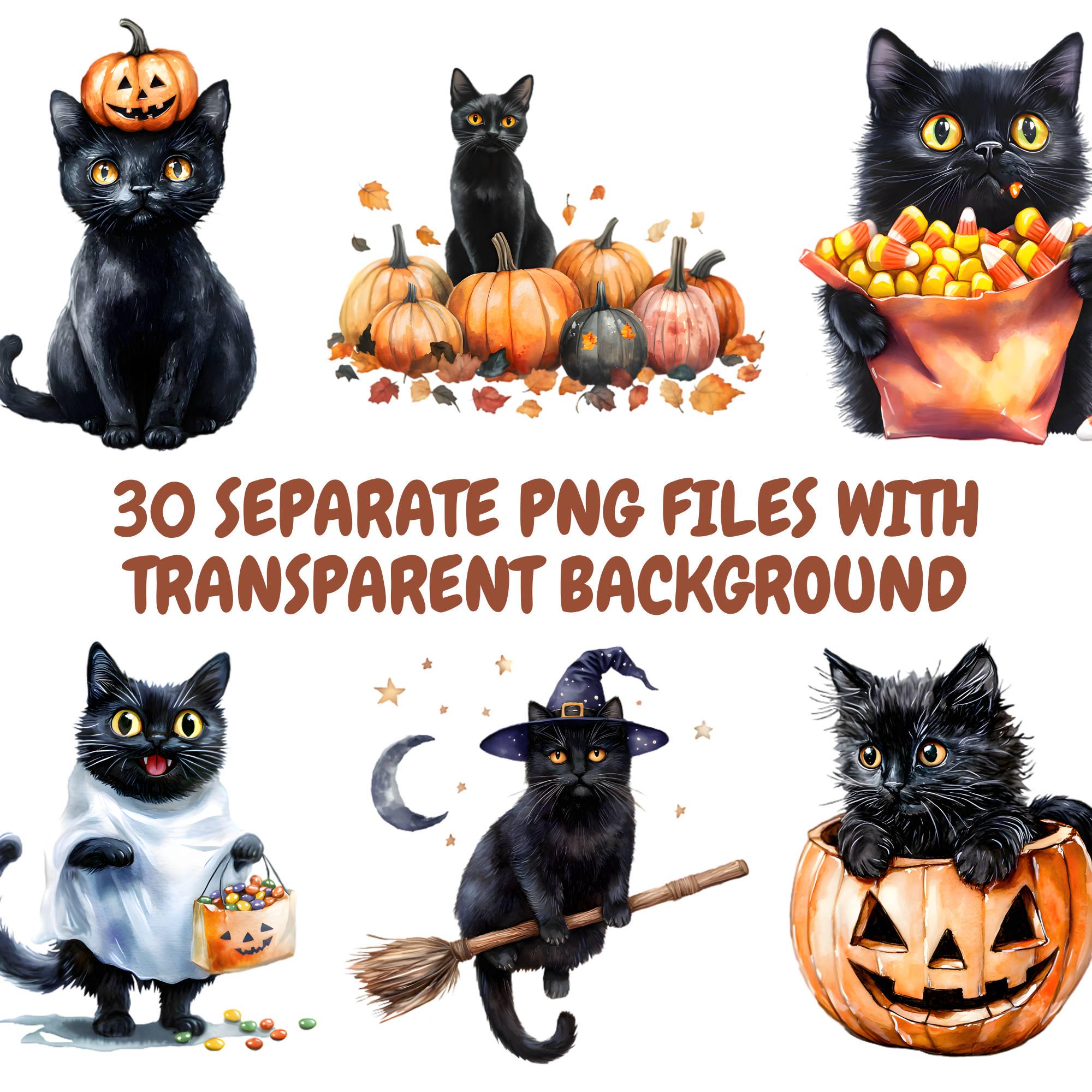 Watercolor Black Cat Clipart Bundle, Halloween Cat Clipart, Autumn Cat ...