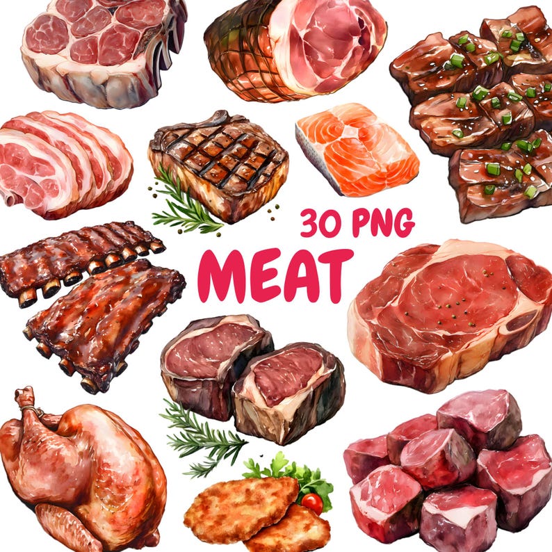 Watercolor Meat Clipart Bundle, Butcher Shop Clipart, Carnivore ...