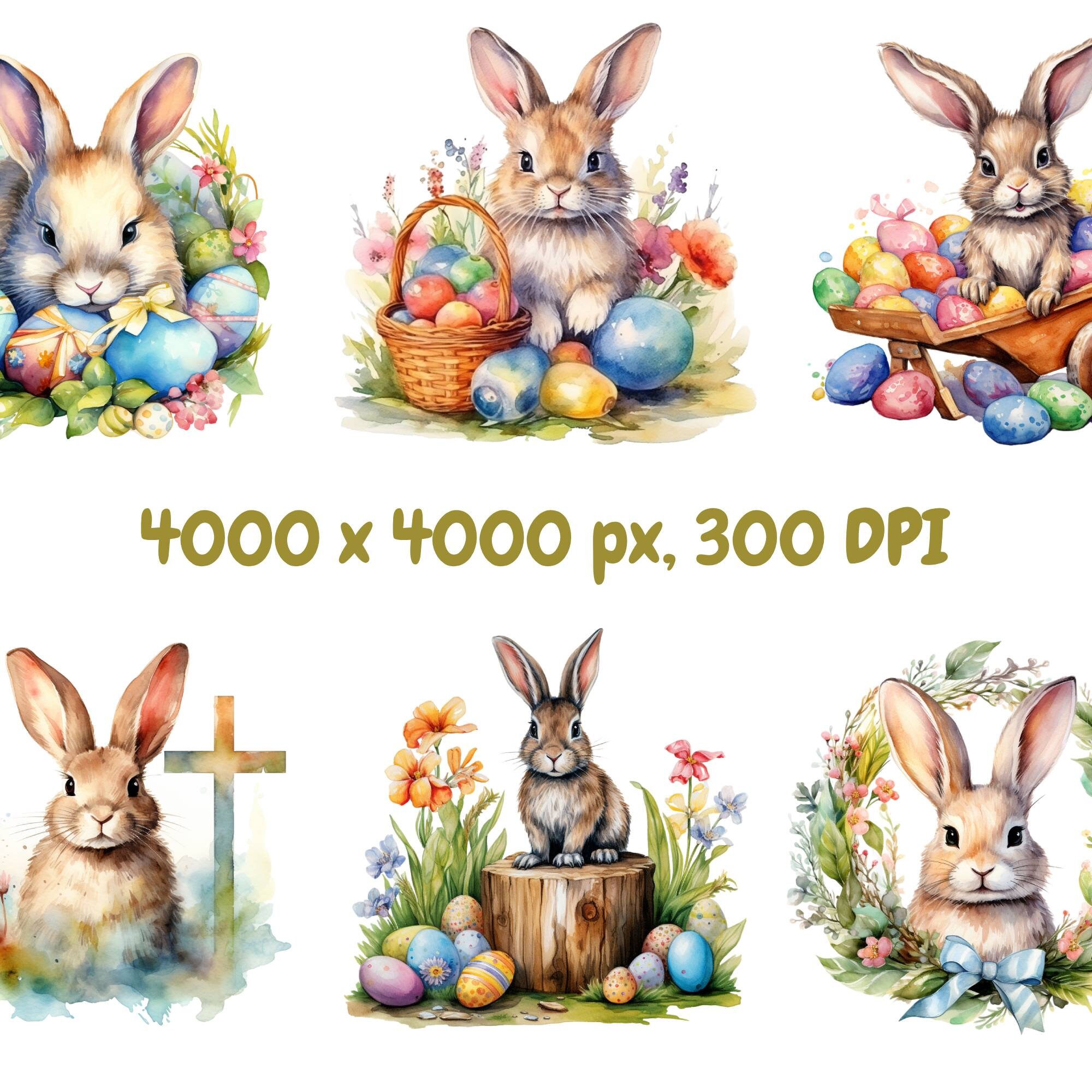 Watercolor Easter Bunnies Clipart Bundle, Cute Easter Bunny PNG, Happy ...