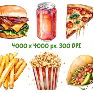 Watercolor Fast Food Clipart Bundle, Junk Food Clipart, Pizza ...