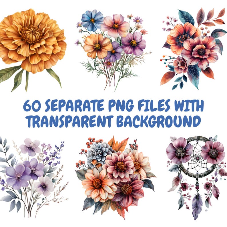 Watercolor Boho Flowers Clipart Bundle, Bohemian Flowers Clipart ...