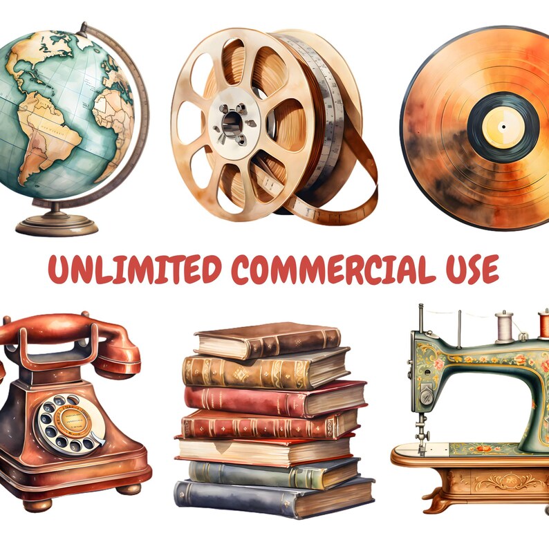 Watercolor Vintage Antique Clipart Bundle, Antique Telephone Clipart ...