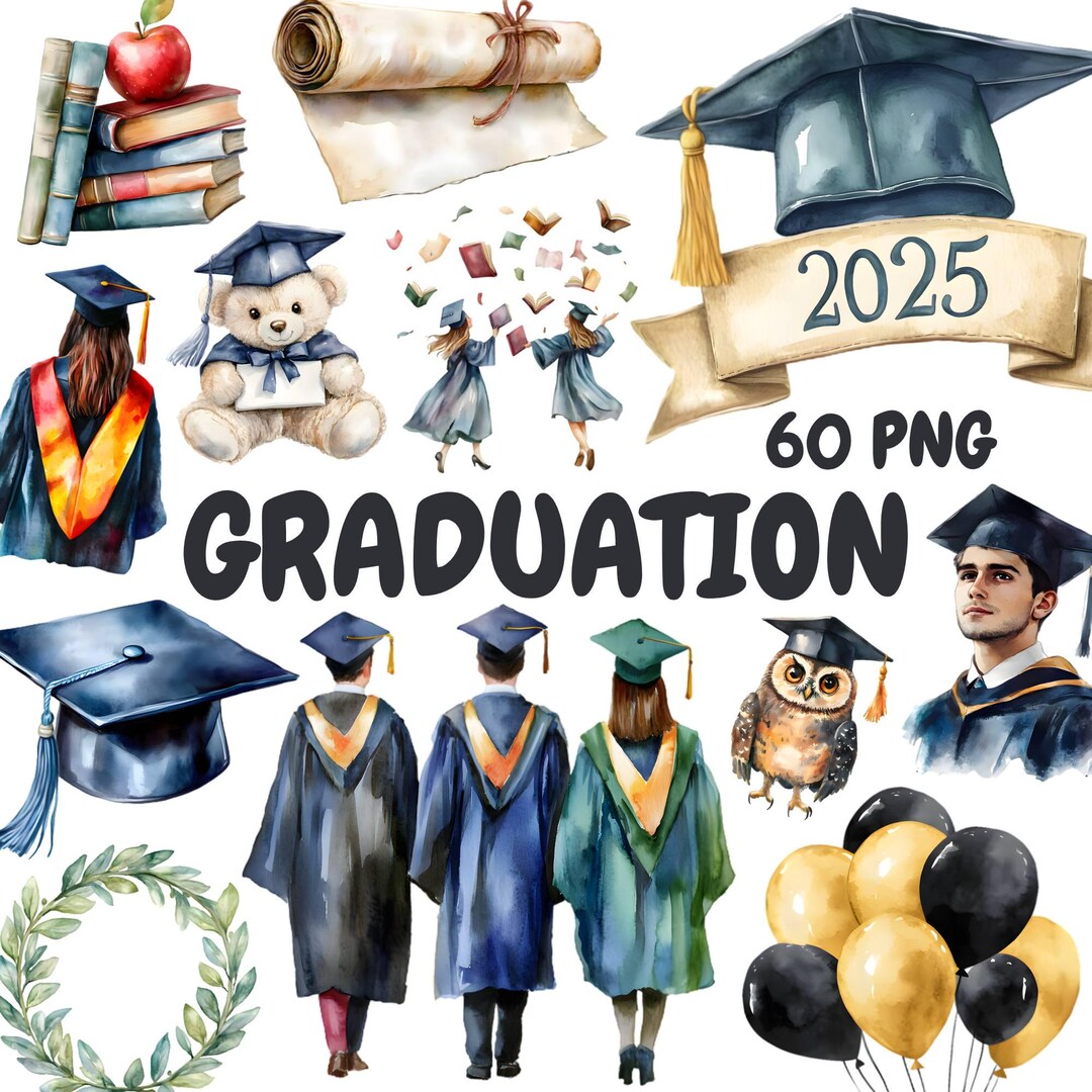 Watercolor Graduation Clipart Bundle, Graduation Hat Clipart ...