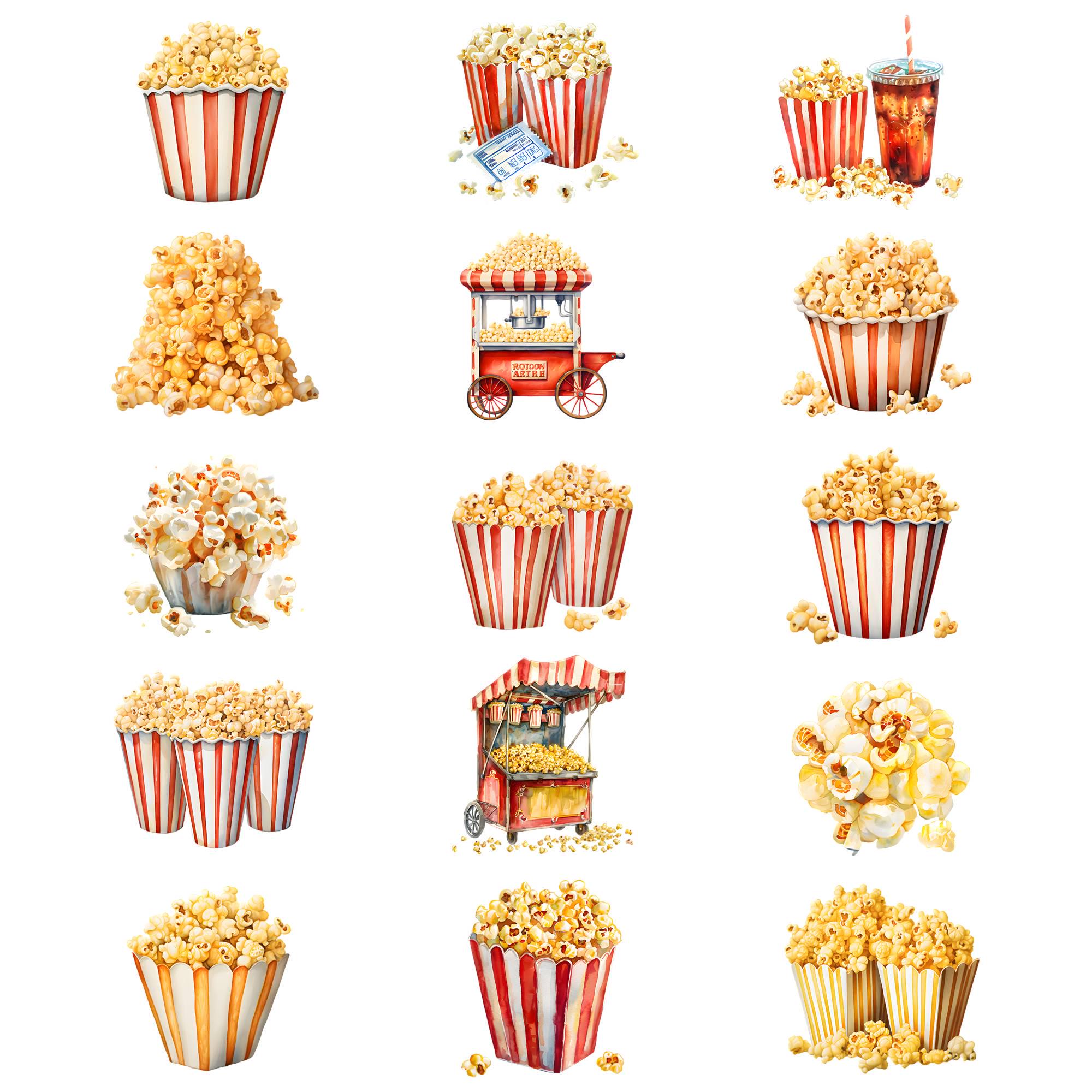 Watercolor Popcorn Clipart Bundle, Movie Night Clipart, Popcorn ...