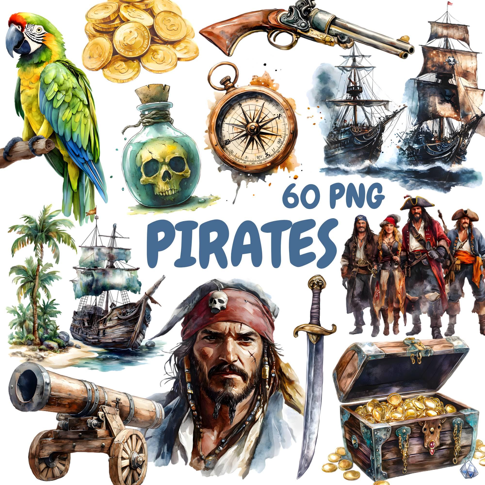 Watercolor Pirates Clipart Bundle, Pirate Ship Clipart, Treasure ...