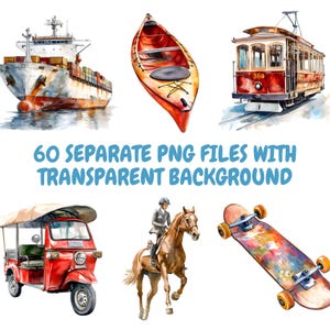 Watercolor Transport Clipart Bundle, Public Transportation Clipart ...