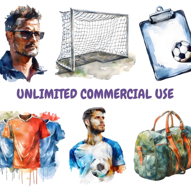 Watercolor Football Clipart Bundle, Soccer Match Clipart, Football ...