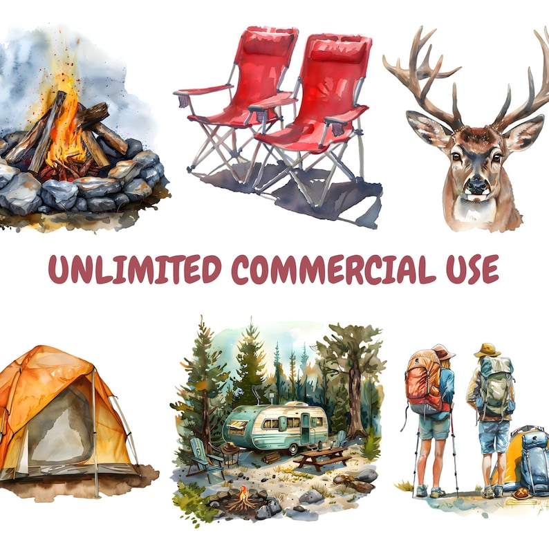 Watercolor Camping Clipart Bundle, Forest Adventure Clipart, Campsite ...
