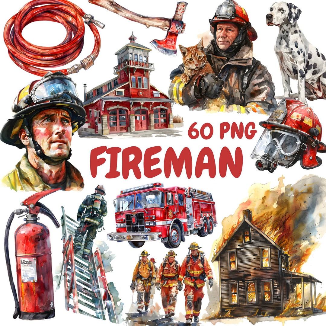 Watercolor Fireman Clipart Bundle, Fire Department Clipart, Firefighter ...