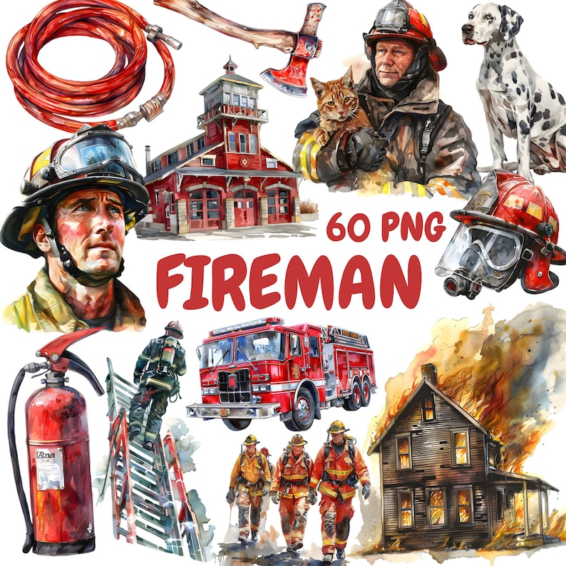 Watercolor Fireman Clipart Bundle, Fire Department Clipart, Firefighter ...