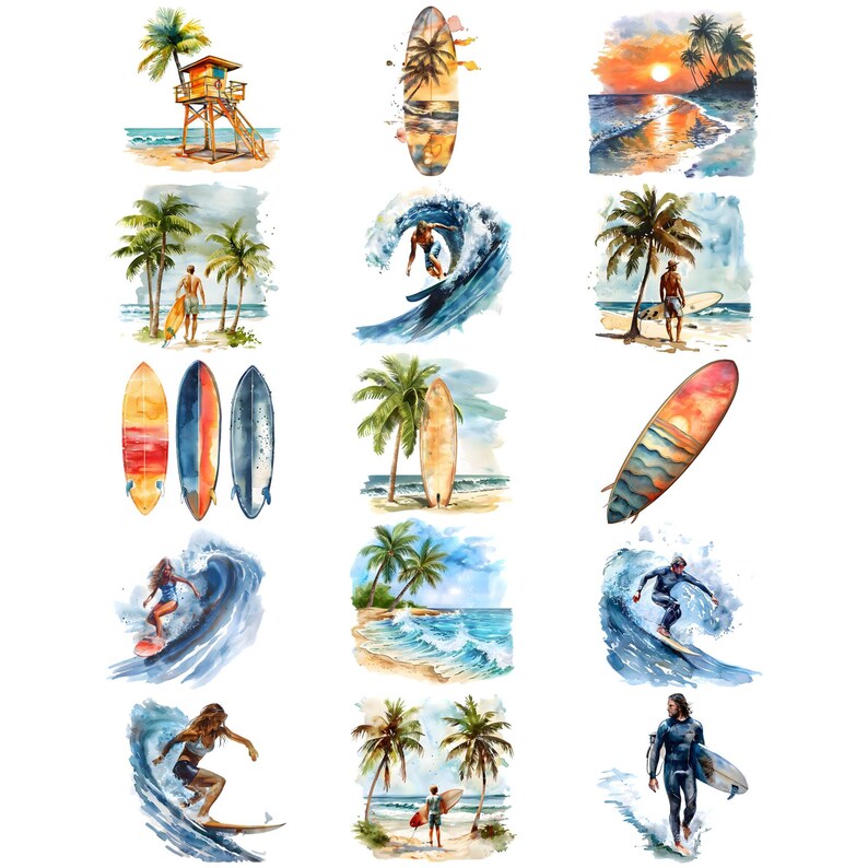 Watercolor Surfing Clipart Bundle, Summer Vacation Clipart, Surfboard ...
