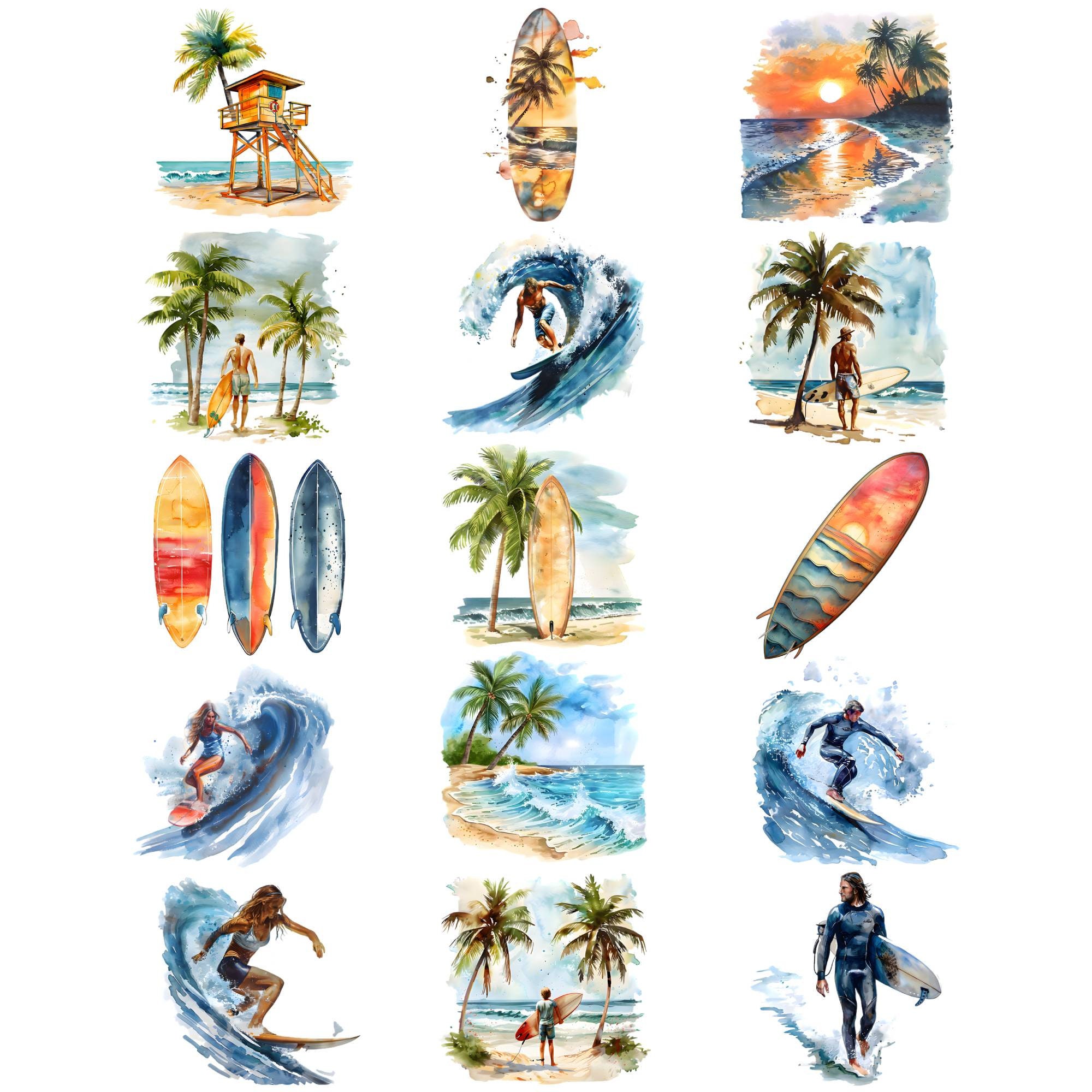Watercolor Surfing Clipart Bundle, Summer Vacation Clipart, Surfboard ...