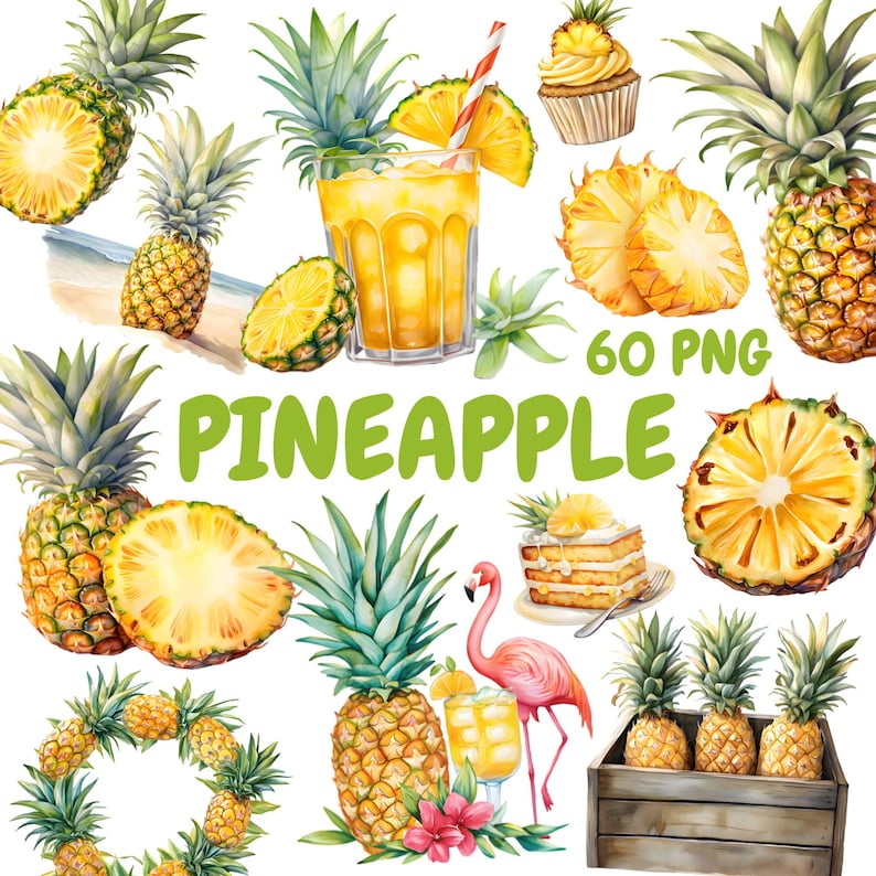 Watercolor Pineapple Clipart Bundle, Tropical Fruit Clipart, Pineapple ...