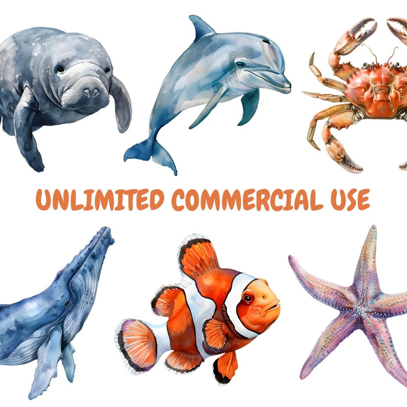 Watercolor Sea Creatures Clipart Bundle, Sea Animals Clipart, Octopus ...