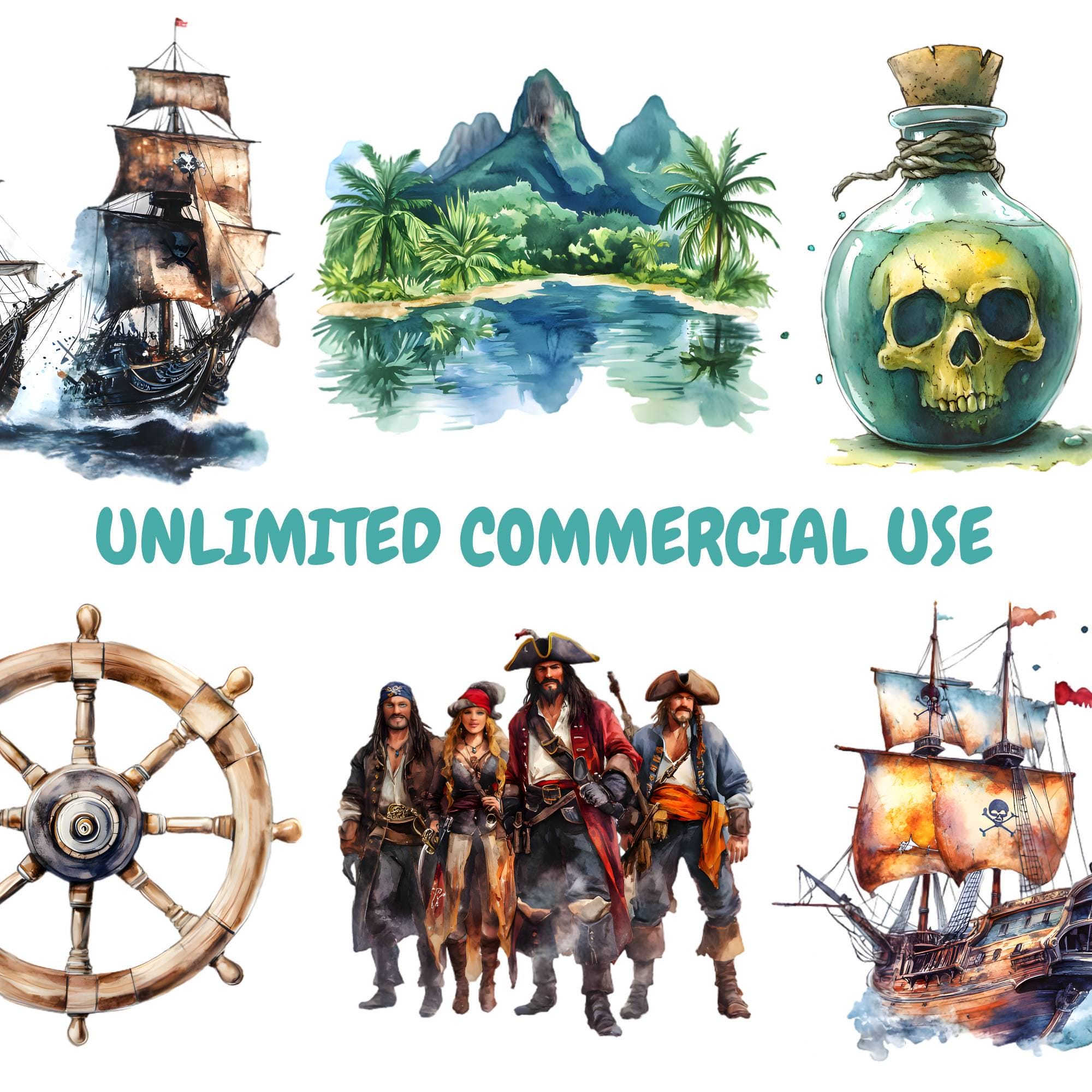 Watercolor Pirates Clipart Bundle, Pirate Ship Clipart, Treasure ...