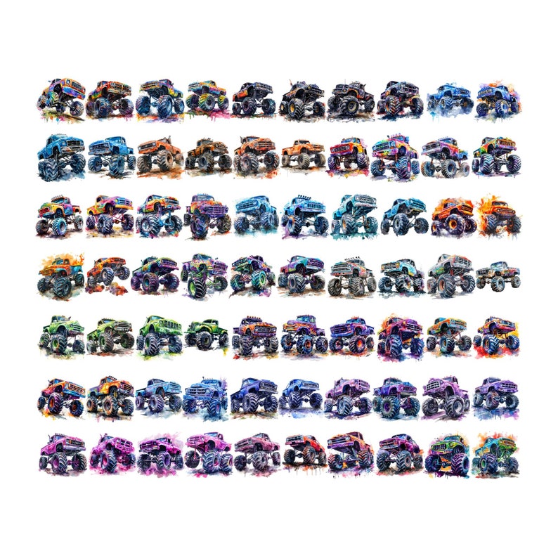 Watercolor Monster Trucks Clipart Bundle, Extreme Vehicle Clipart ...