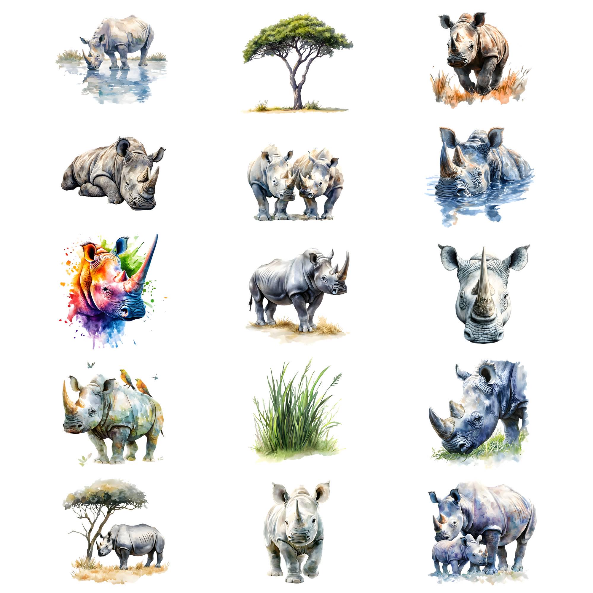 Watercolor Rhino Clipart Bundle, Safari Animal Clipart, Rhinoceros ...