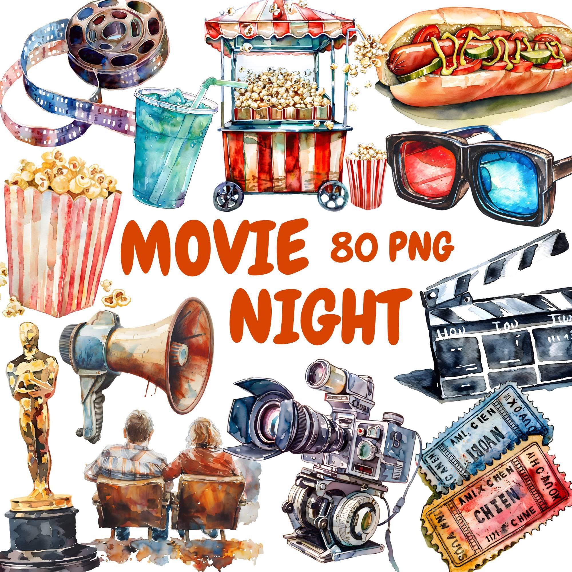 Watercolor Movie Night Clipart Bundle, Movie Theater Clipart, Cinema ...