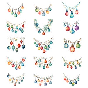 Watercolor Christmas Lights Clipart Bundle, String Light Clipart, Xmas ...