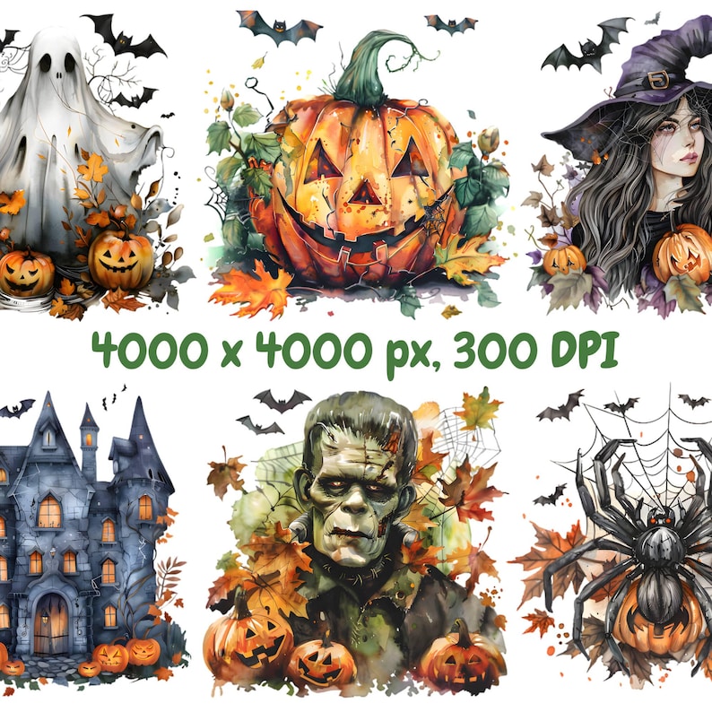 Watercolor Halloween Clipart Bundle, Witch Ghost Clipart, Bat Zombie ...
