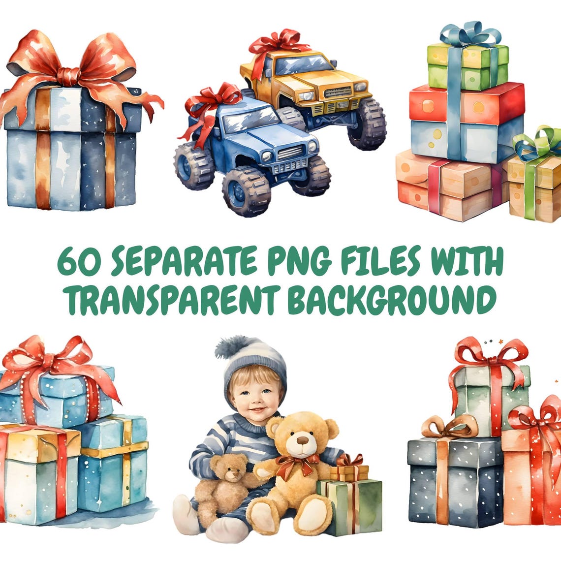 Watercolor Christmas Gifts Clipart Bundle, Wrapped Presents Clipart ...