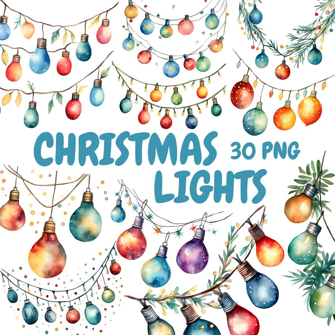 Watercolor Christmas Lights Clipart Bundle, String Light Clipart, Xmas ...