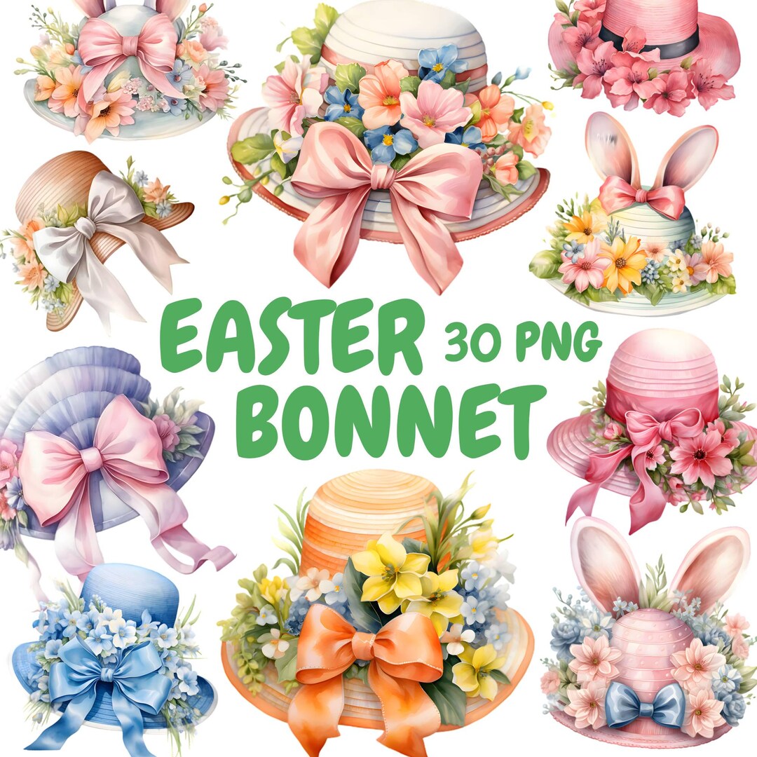 Watercolor Easter Bonnet Clipart Bundle, Floral Easter Hat PNG, Happy ...