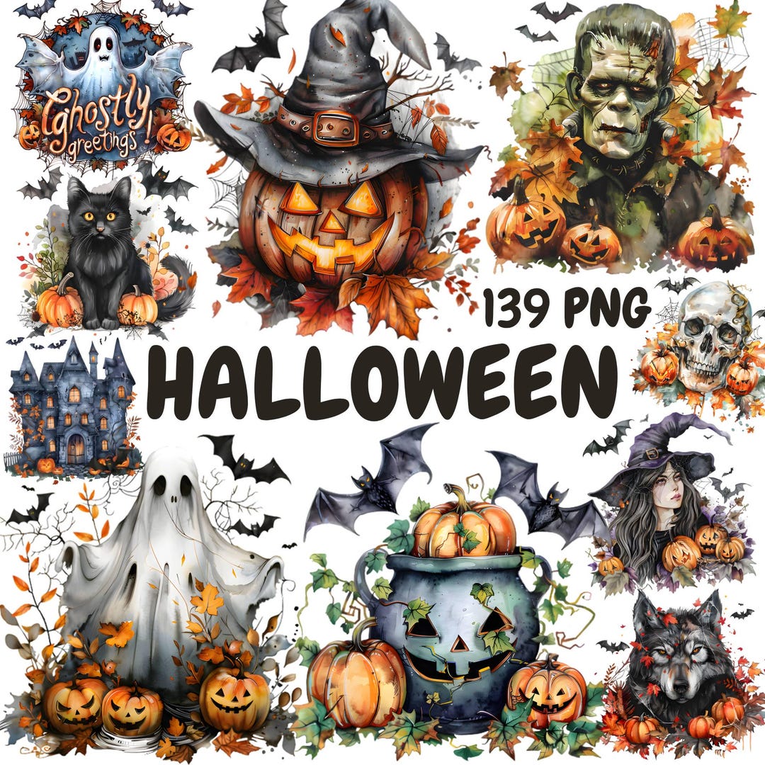 Watercolor Halloween Clipart Bundle, Witch Ghost Clipart, Bat Zombie ...