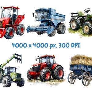 Watercolor Farm Vehicles Clipart Bundle, Combine Harvester Clipart ...
